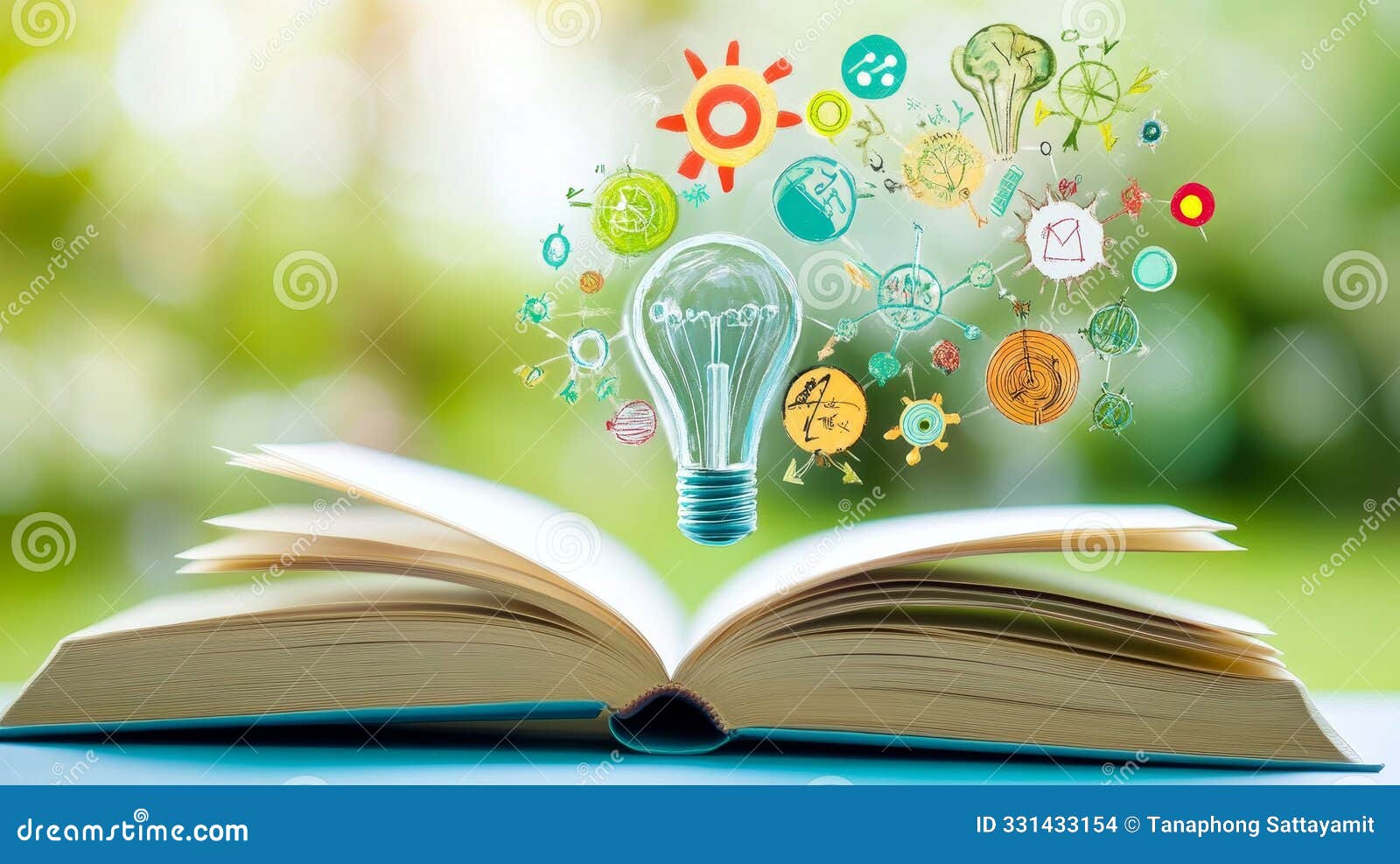 An Open Book with a Lightbulb Hovering Above it Surrounded by Colorful ...