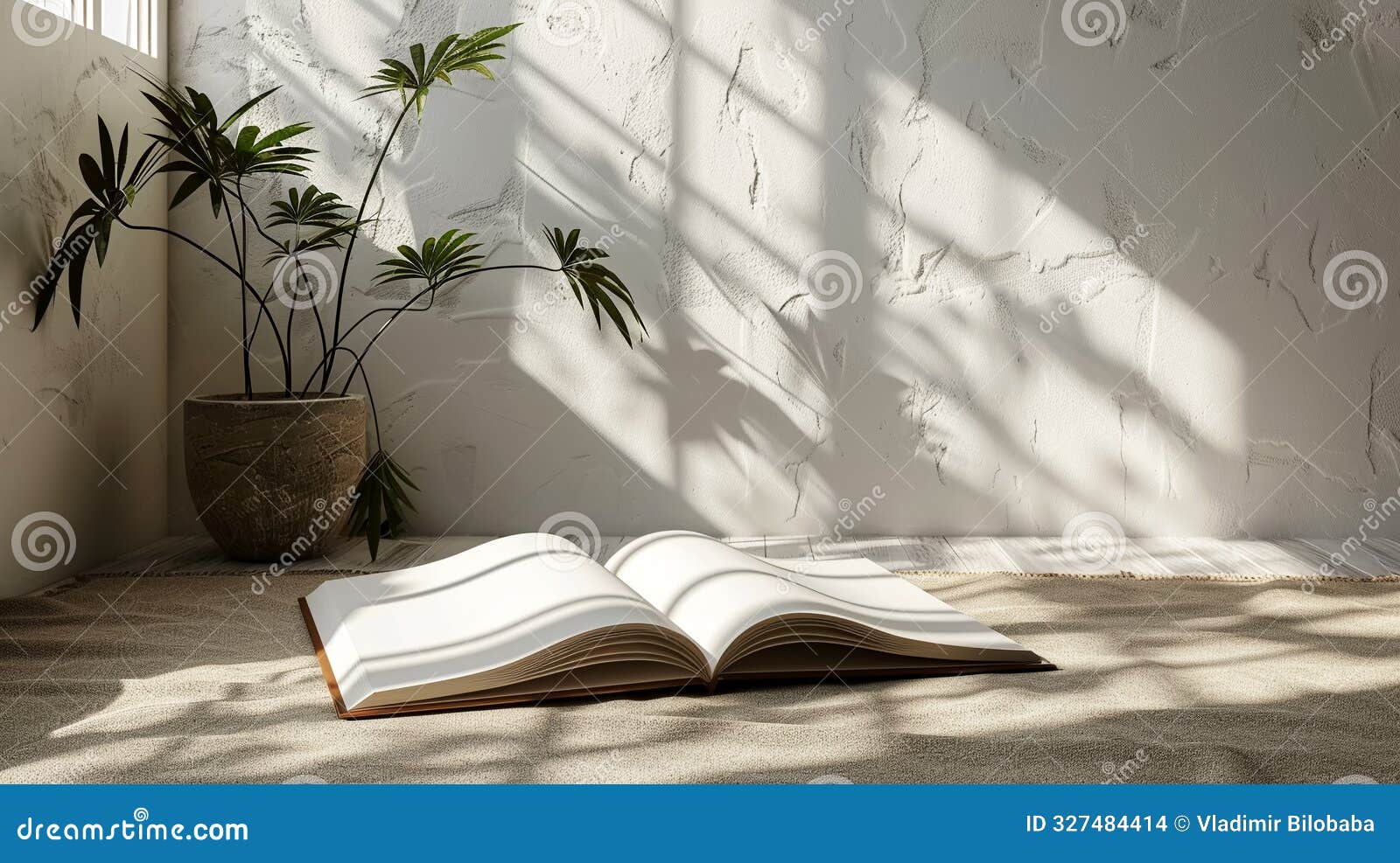 Open Book on Linen Fabric with Plant and Sunlight Stock Illustration ...