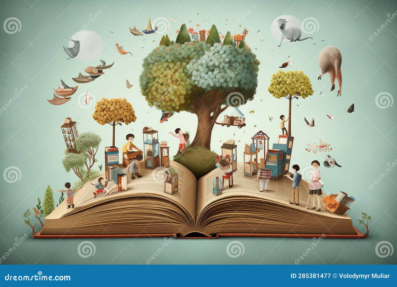 An Open Book with Literary Characters Around the Book, the Magic of the ...