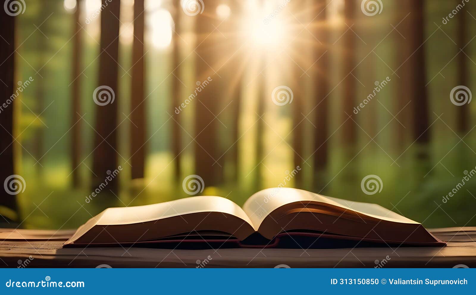 Open Book Lying on Table in Forest Nature, Sunlight Stock Photo - Image ...