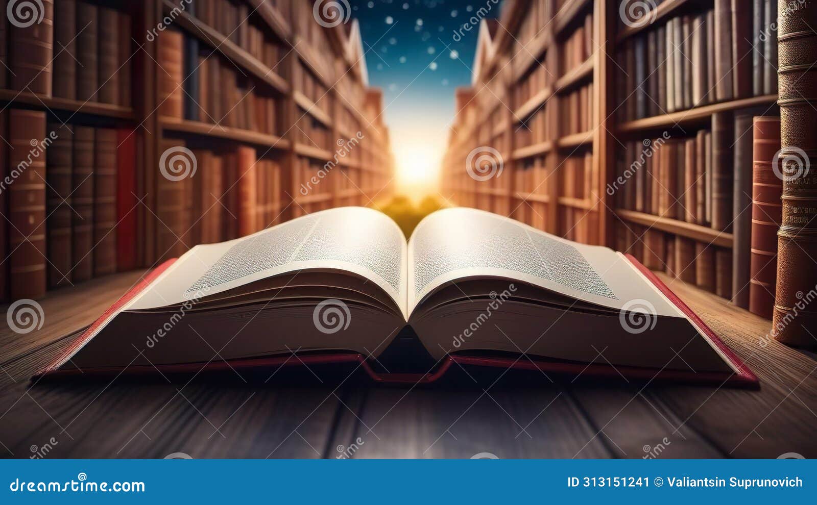 Open Book Lying on Table in Library among Book Shelves Stock Image ...