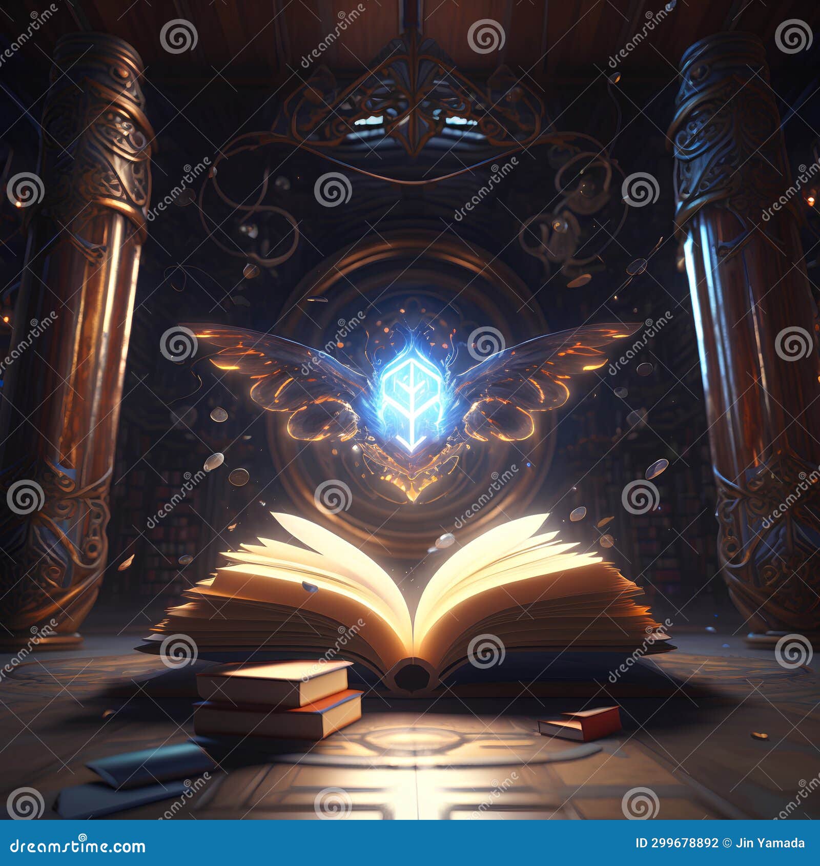 Open Book with Magic Glowing Wings on Wooden Floor. 3D Rendering Stock ...