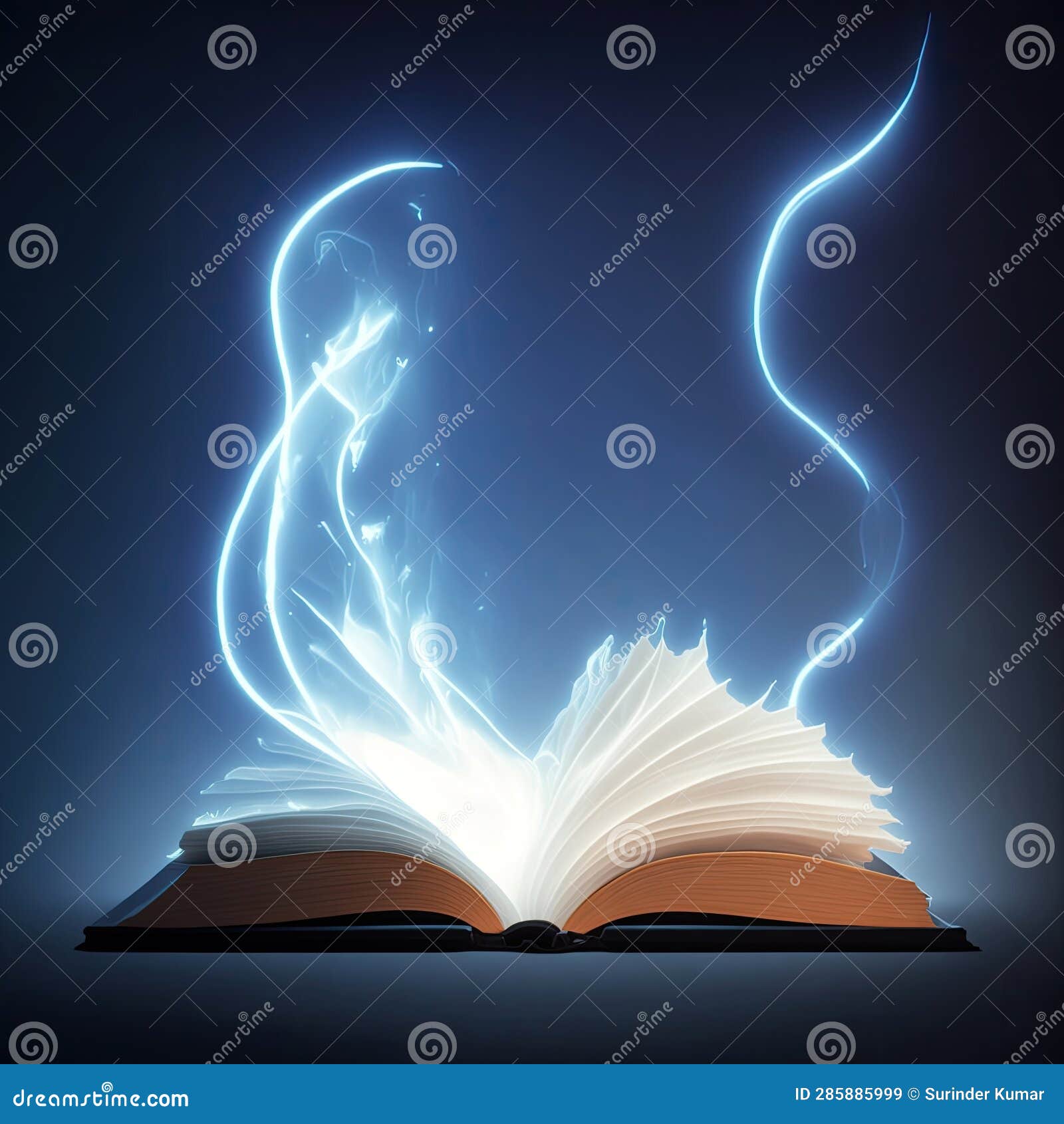 Open Book with Magic Light on Dark Blue Background. Vector Illustration ...