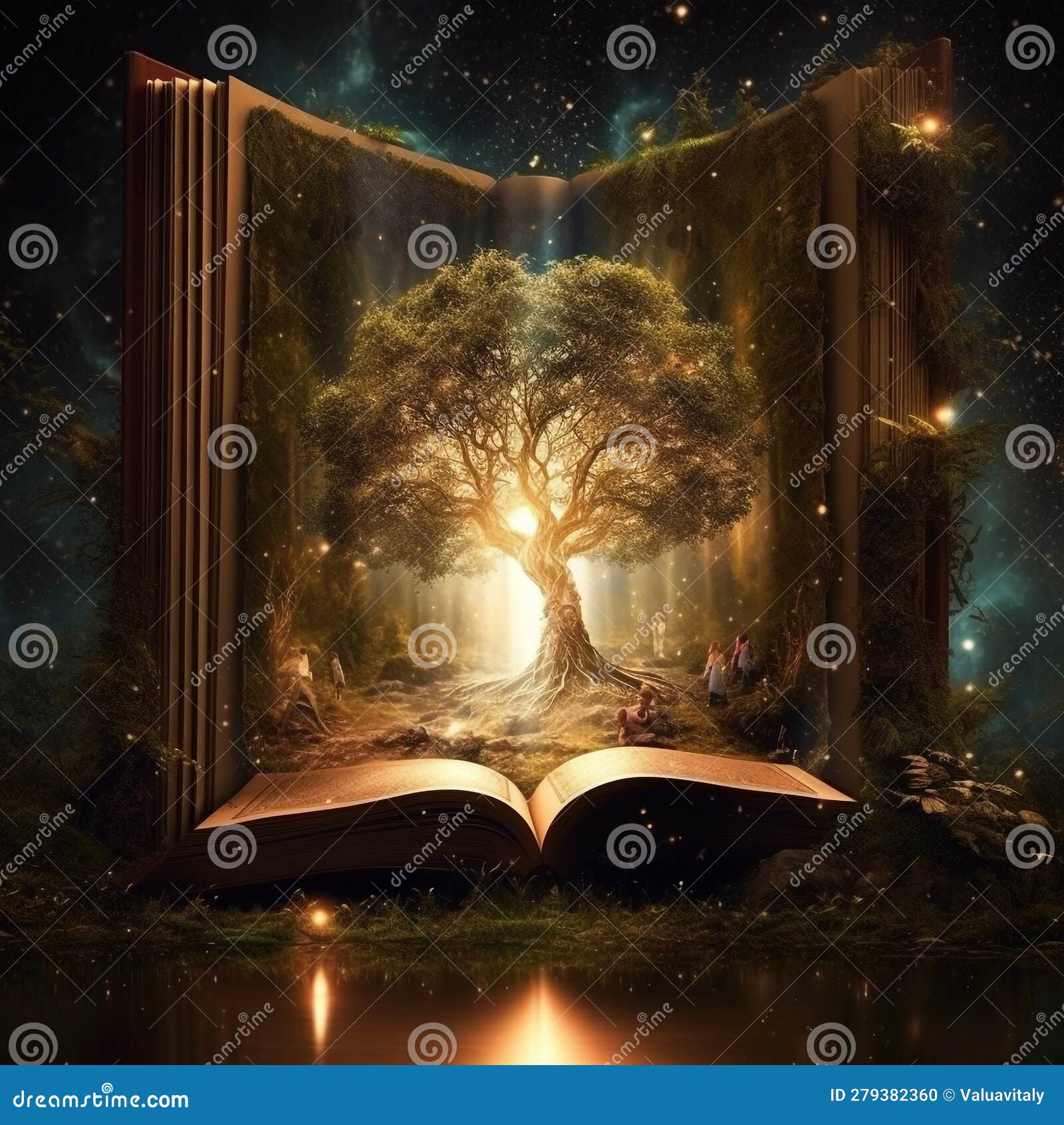 Open Book with Magic Tree in Forest and Rays of Light Coming Out of ...