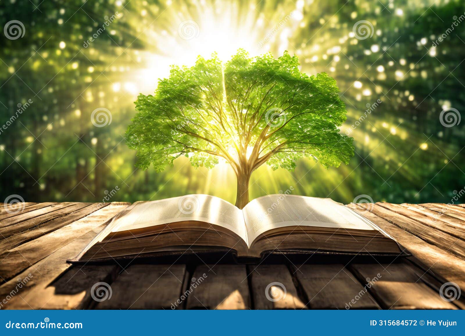 Open Book with Magical Green Tree Stock Photo - Image of business ...