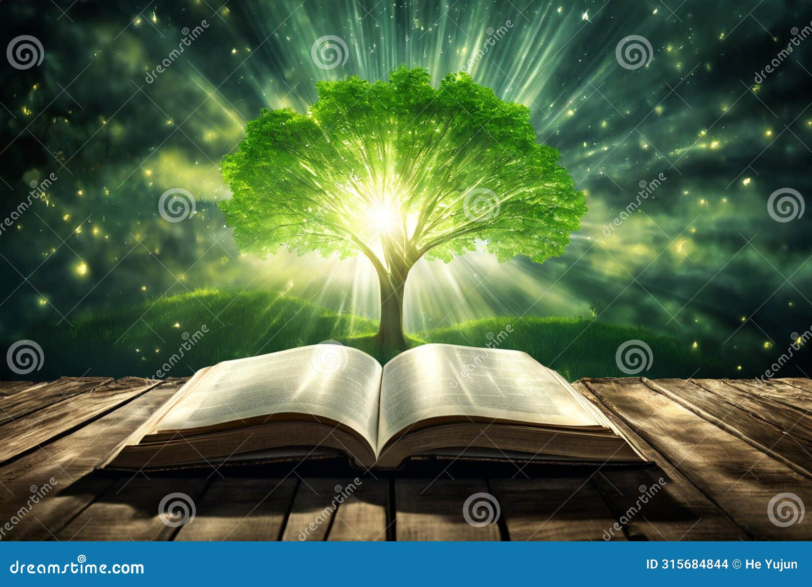 Open Book with Magical Green Tree Stock Photo - Image of field, magic ...