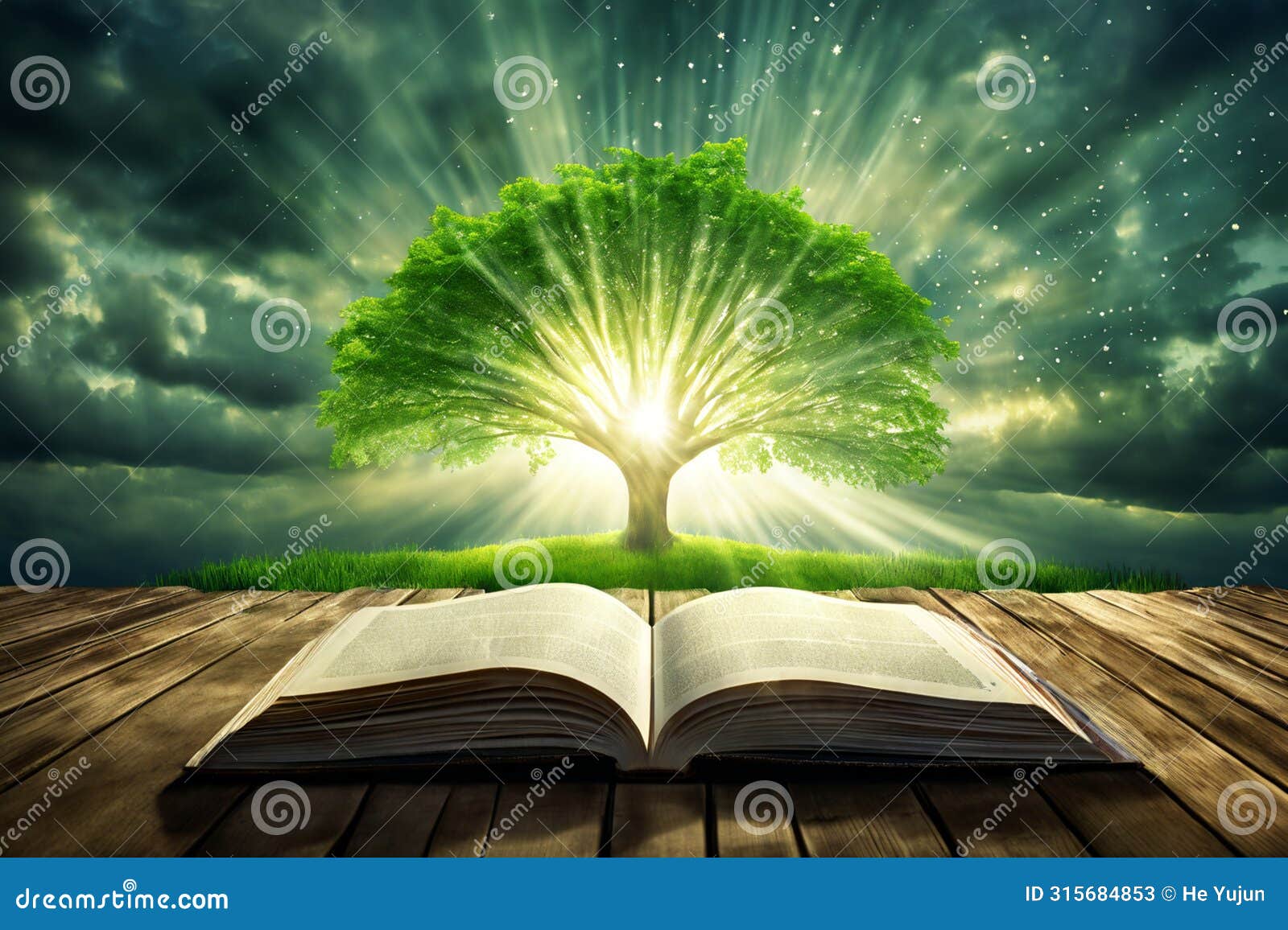 Open Book with Magical Green Tree Stock Image - Image of green ...