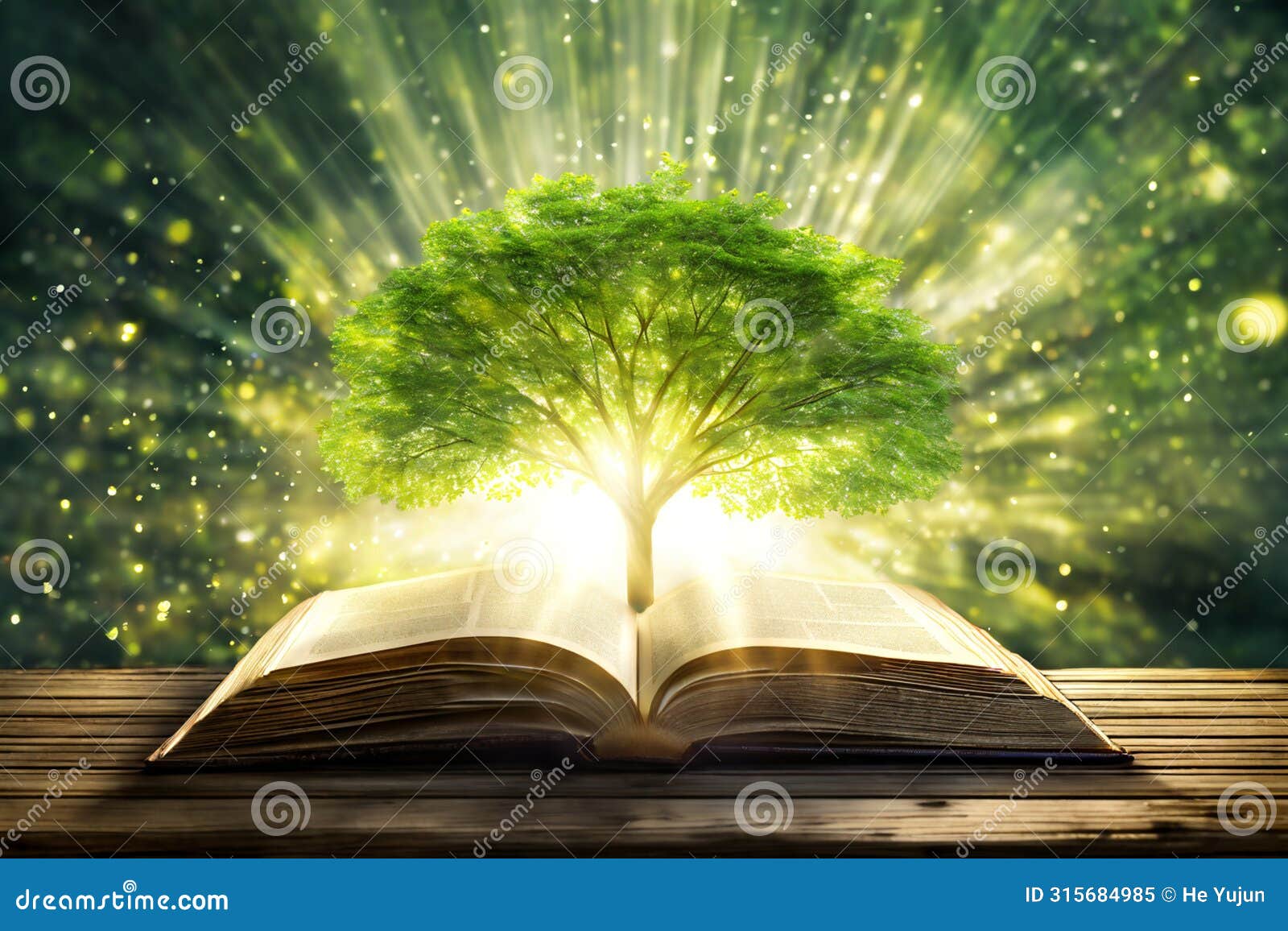 Open Book with Magical Green Tree Stock Illustration - Illustration of ...