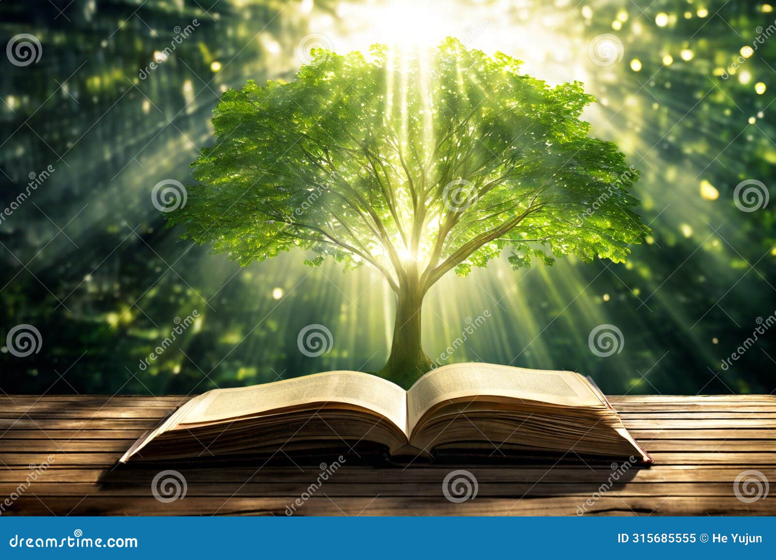 Open Book with Magical Green Tree Stock Illustration - Illustration of ...