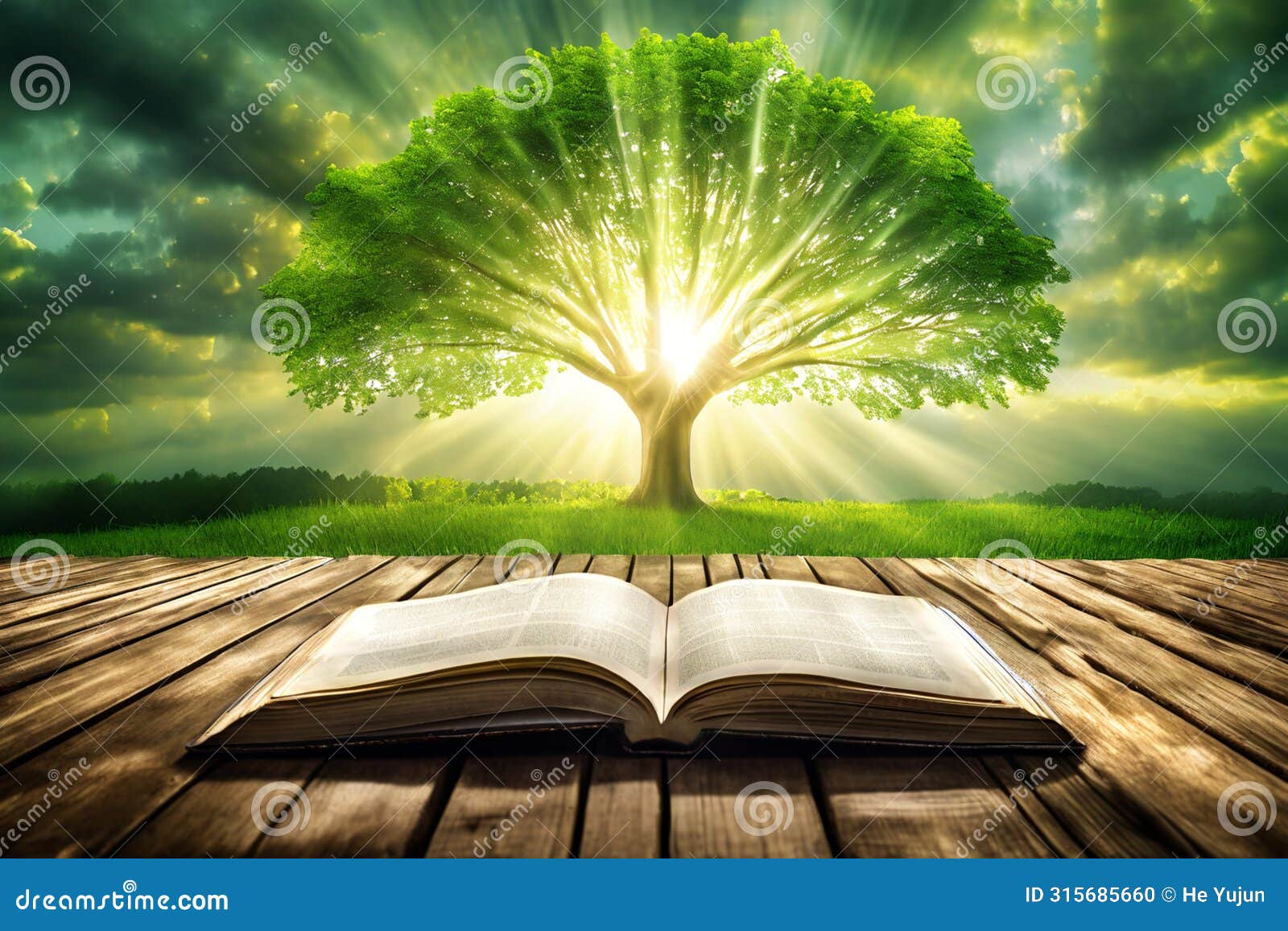 Open Book with Magical Green Tree Stock Illustration - Illustration of ...