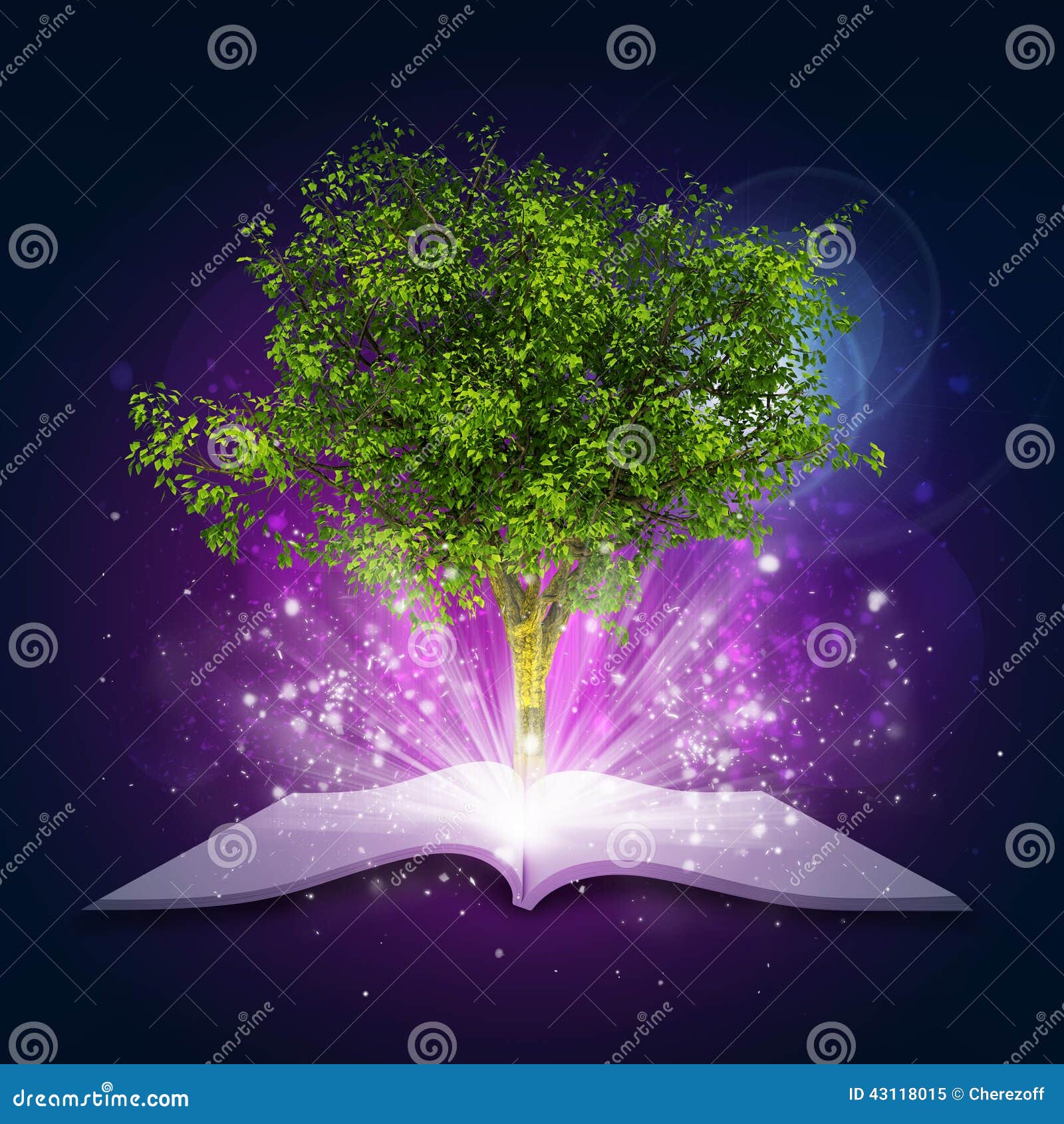 Open Book with Magical Green Tree and Rays of Stock Illustration ...