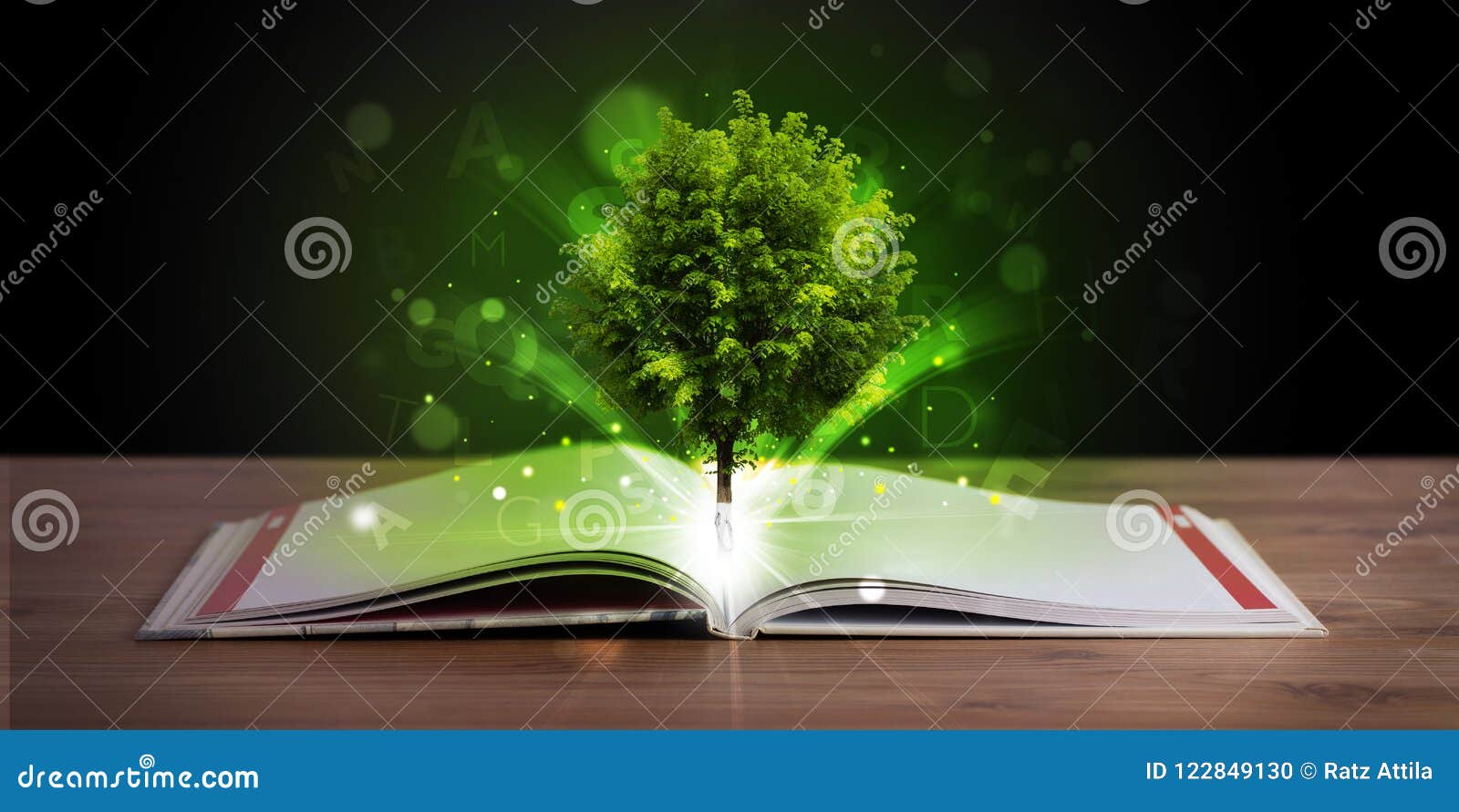 Open Book with Magical Green Tree and Rays of Light Stock Illustration ...