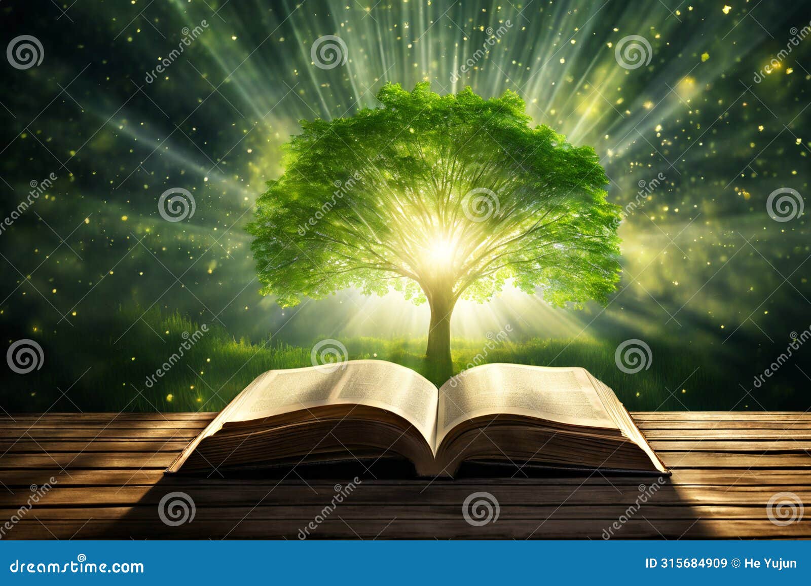 Open Book with Magical Green Tree Stock Image - Image of light, grow ...