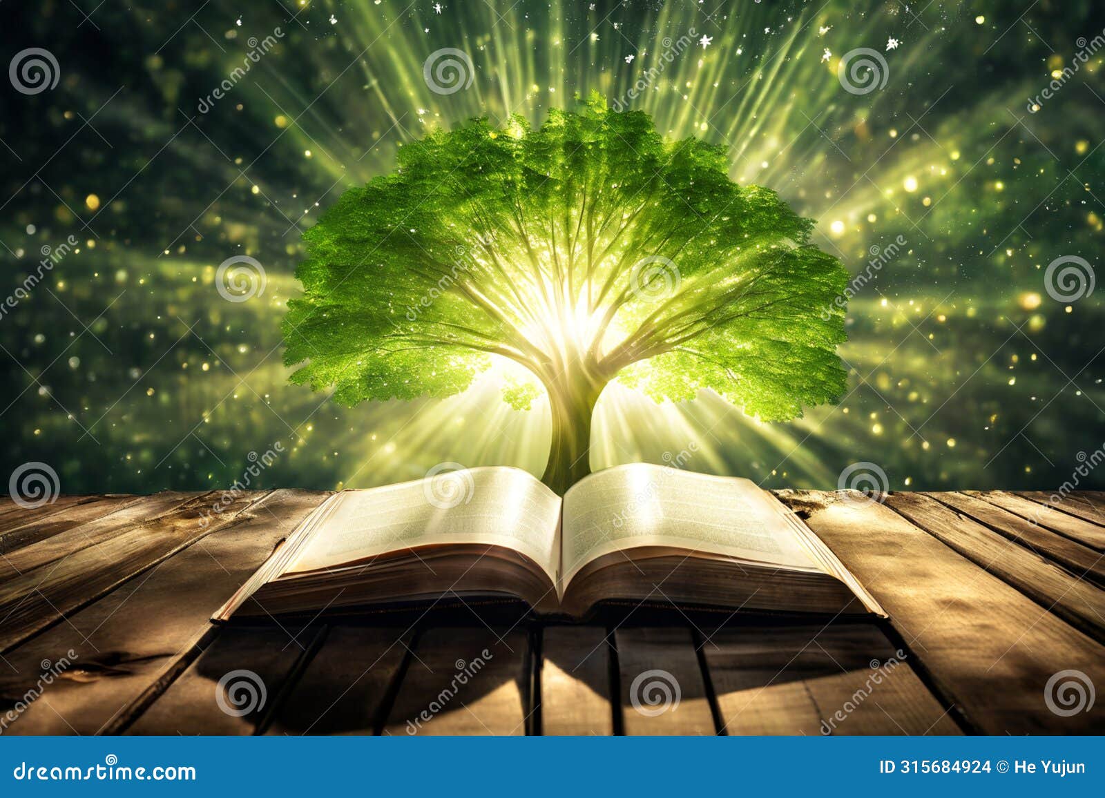 Open Book with Magical Green Tree Stock Photo - Image of document ...
