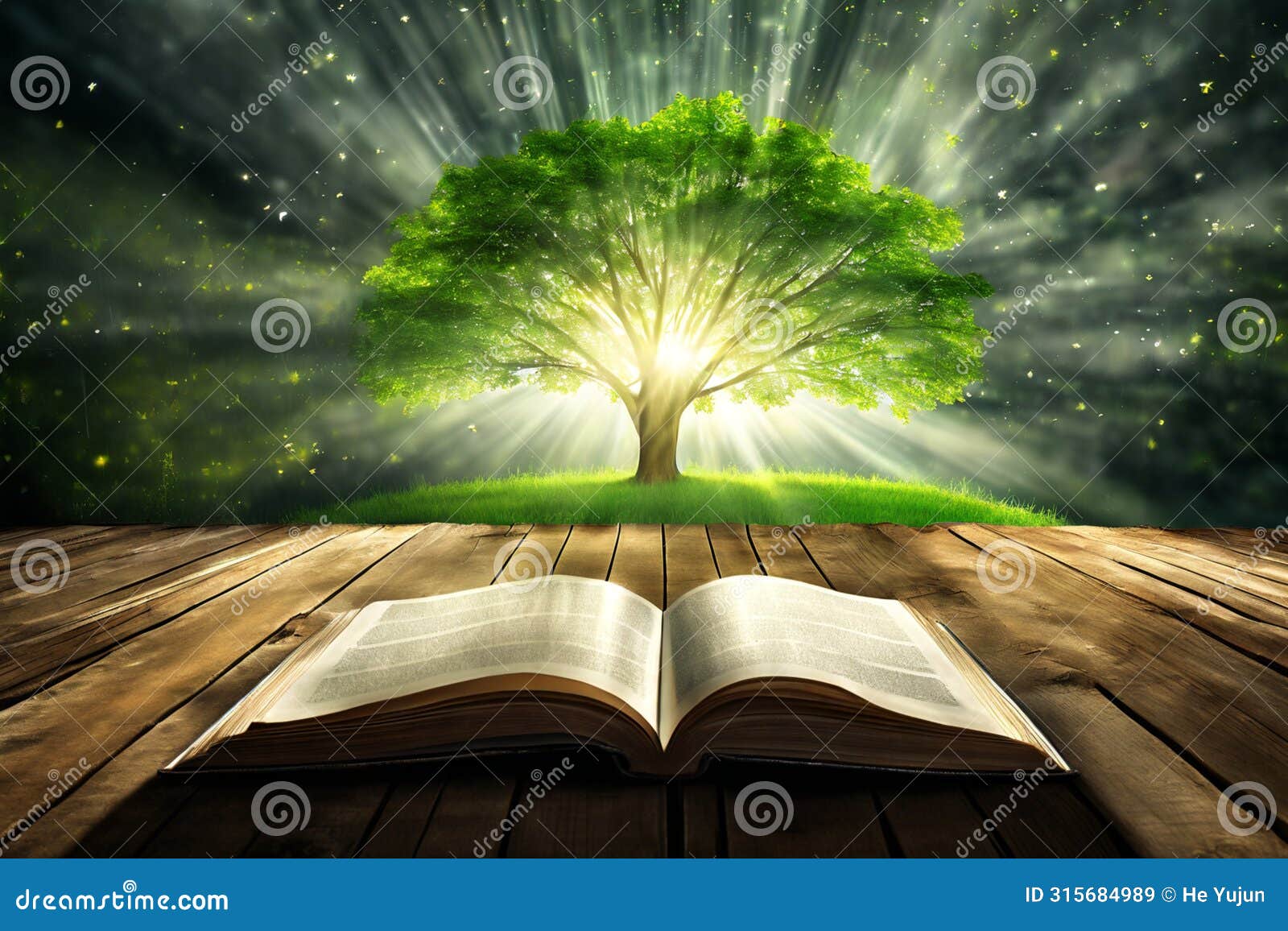 Open Book with Magical Green Tree Stock Illustration - Illustration of ...
