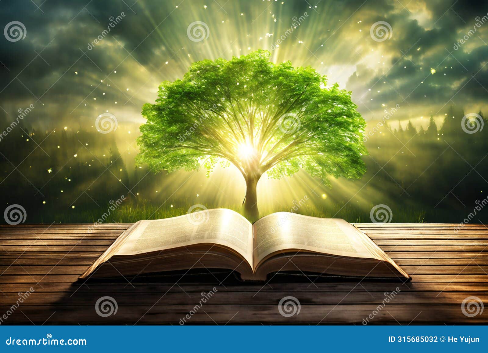Open Book with Magical Green Tree Stock Illustration - Illustration of ...
