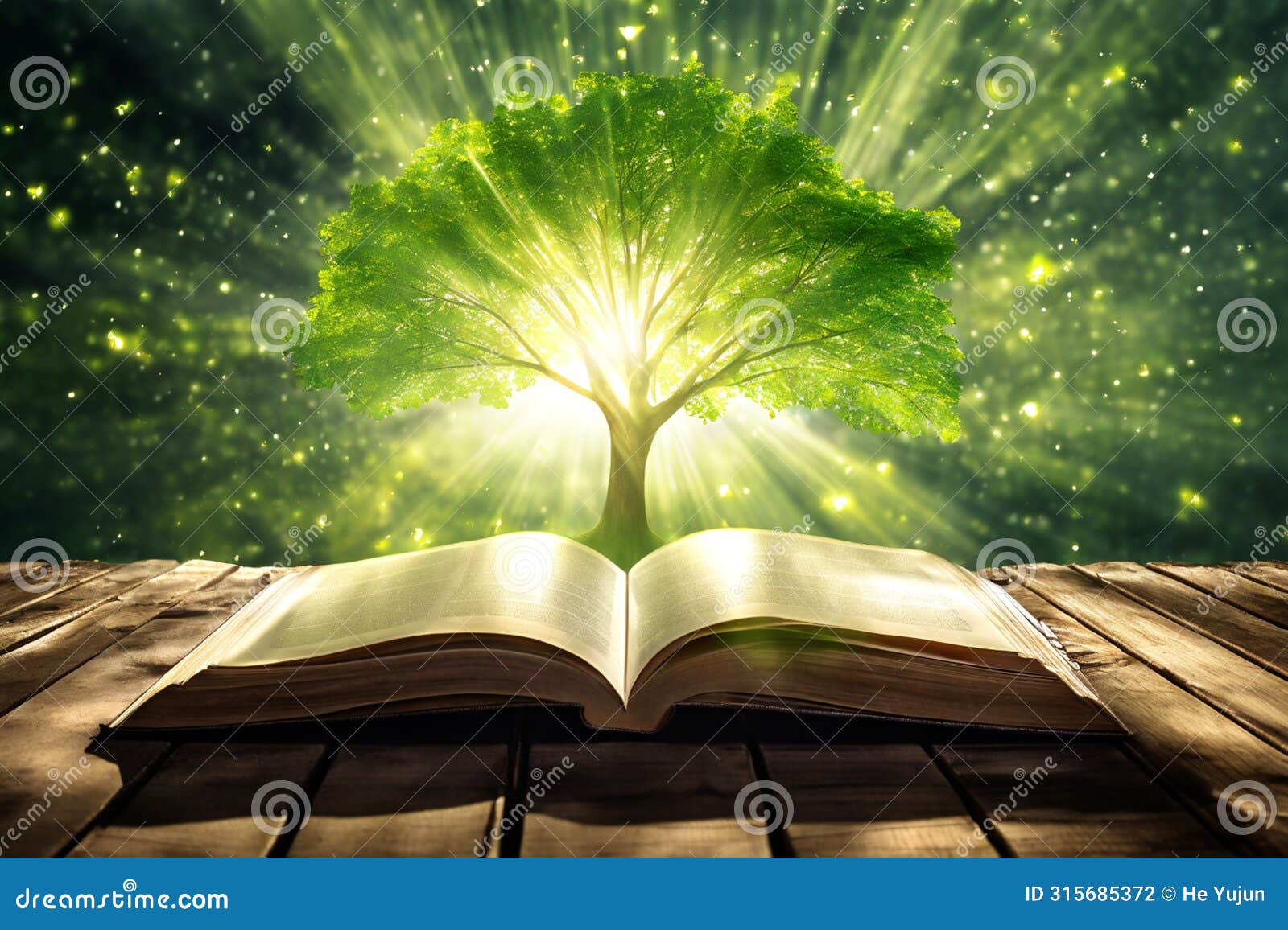 Open Book with Magical Green Tree Stock Illustration - Illustration of ...