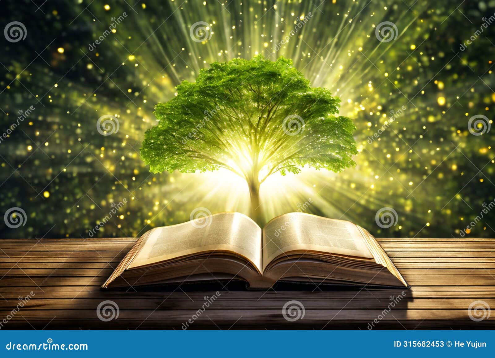 Open Book with Magical Green Tree Stock Illustration - Illustration of ...
