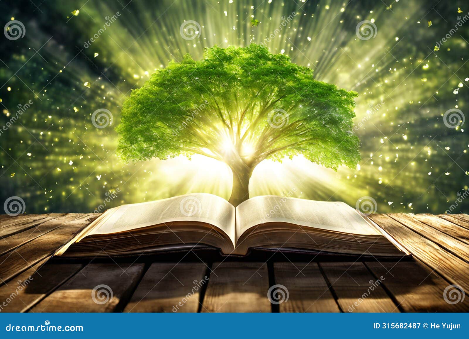 Open Book with Magical Green Tree Stock Illustration - Illustration of ...