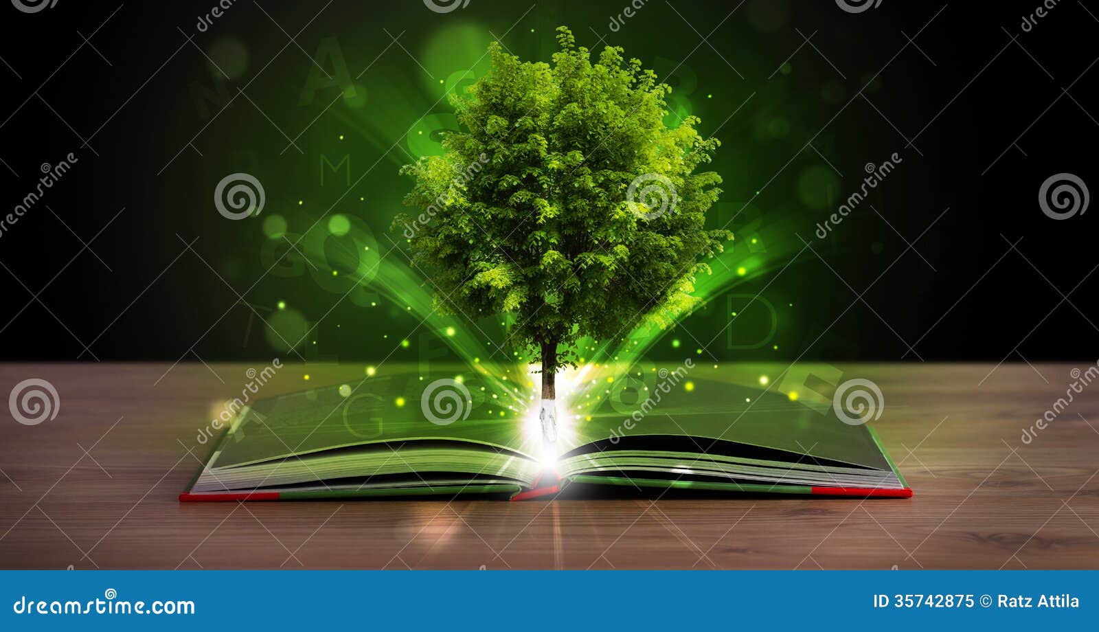Open Book with Magical Green Tree and Rays of Light Stock Illustration ...