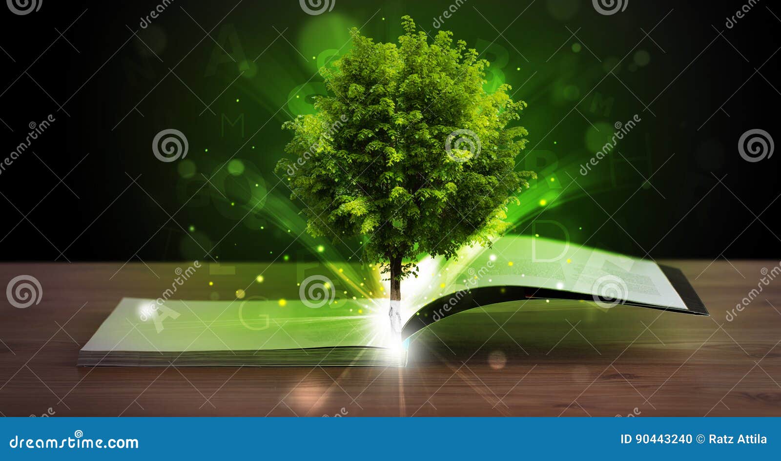 Open Book with Magical Green Tree and Rays of Light Stock Photo - Image ...