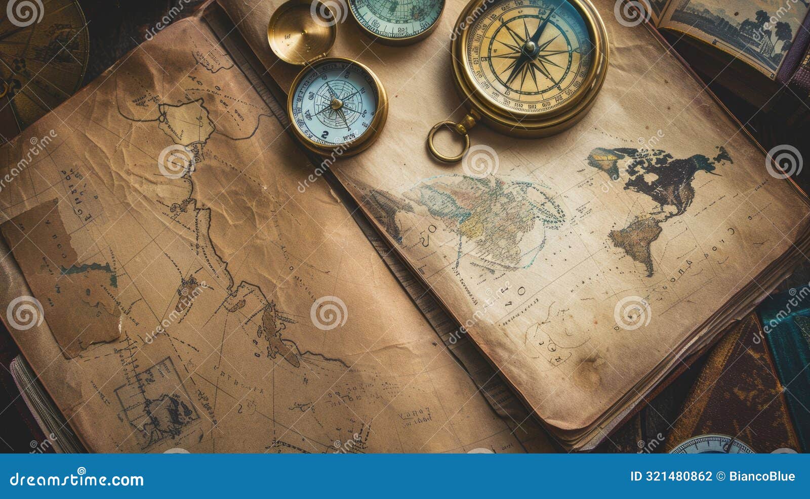 An Open Book with a Map and Compass, Surrounded by Wood and Art AIG50 ...
