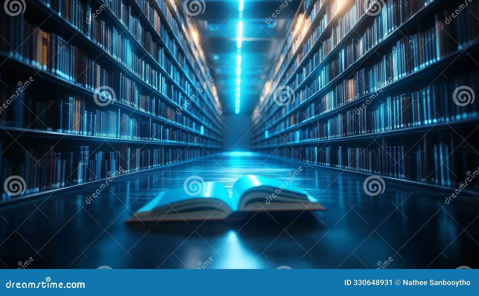 Open Book in Modern Library Aisle with Shelves Stock Illustration ...