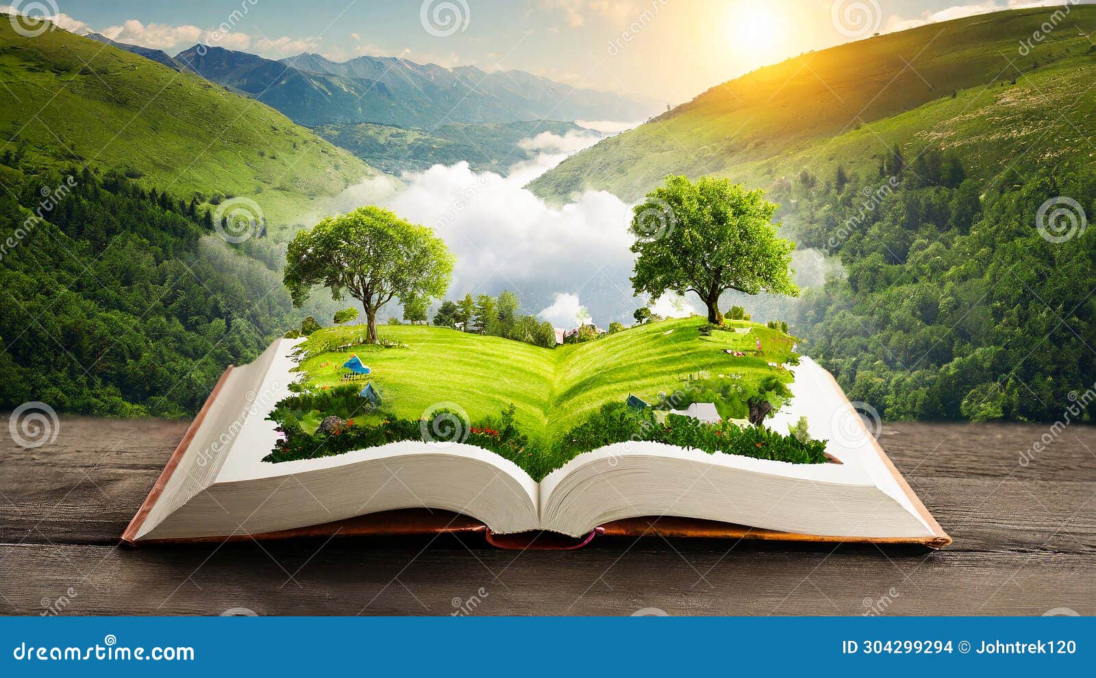Open Book with Nature Landscape Stock Illustration - Illustration of ...