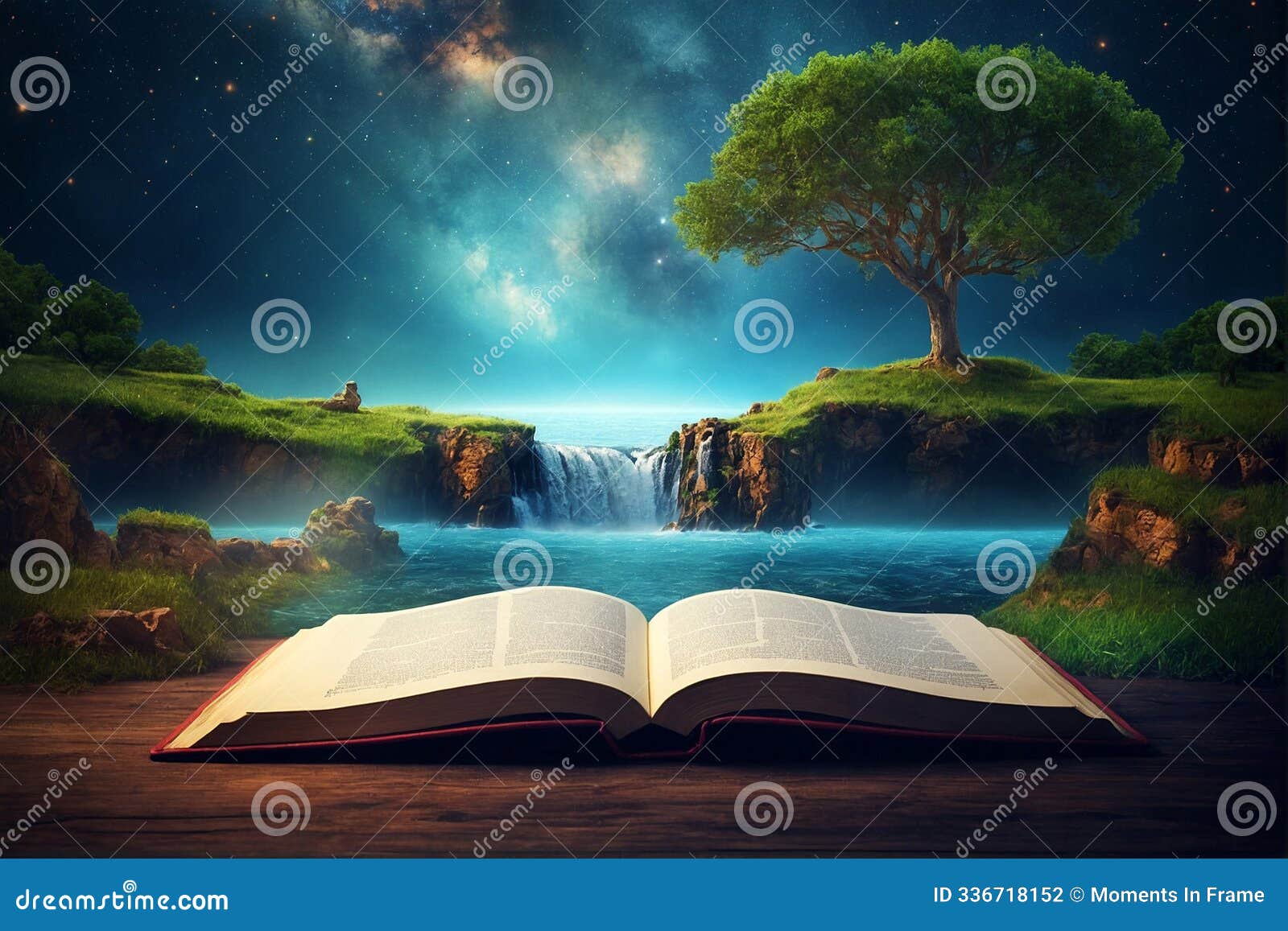 Open Book with Nature Landscape and Waterfall on Background Stock ...