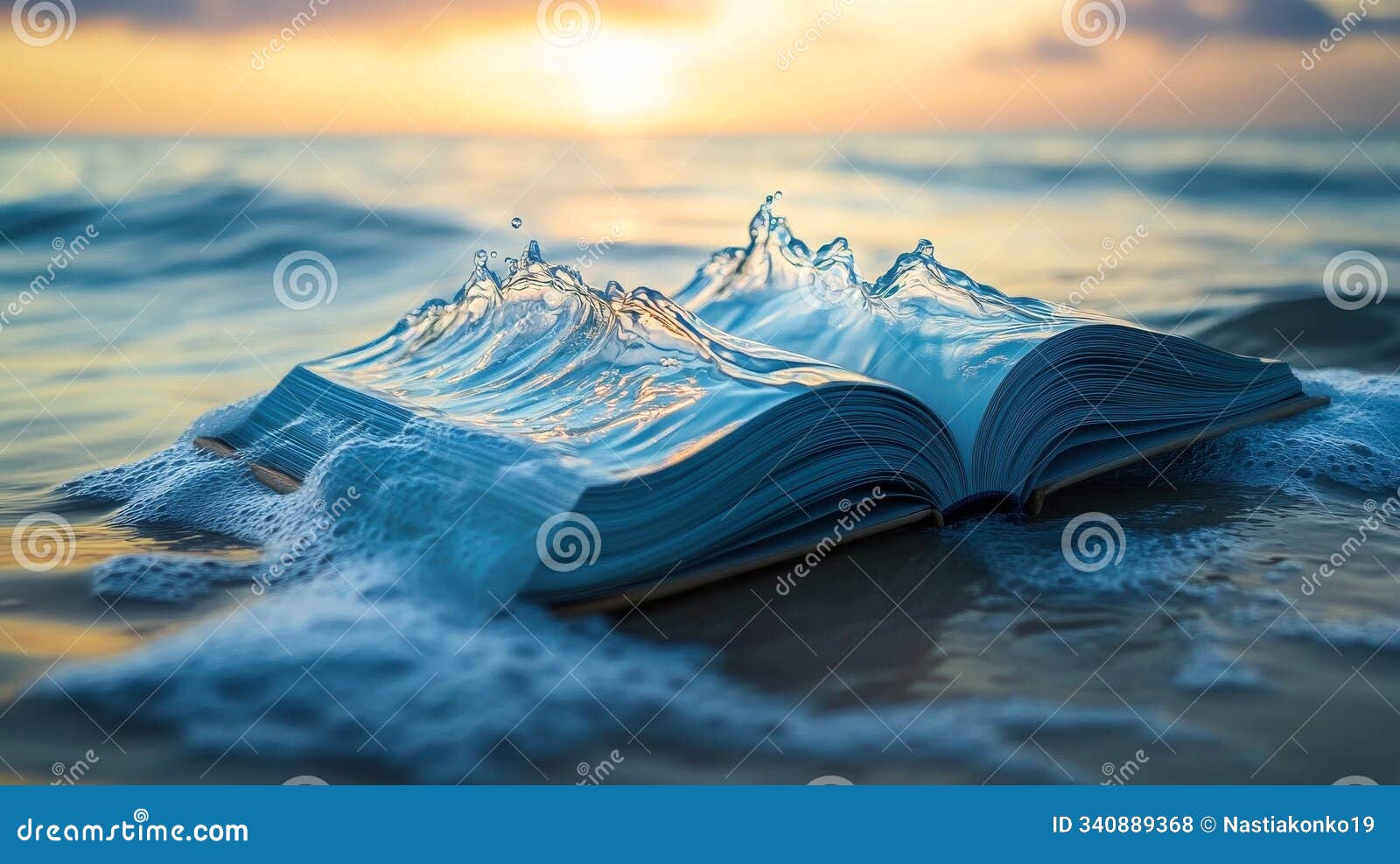 Open Book with Ocean Waves on a Beach at Sunset, Creative Imagination ...
