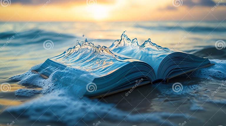 Open Book with Ocean Waves on a Beach at Sunset, Creative Imagination ...