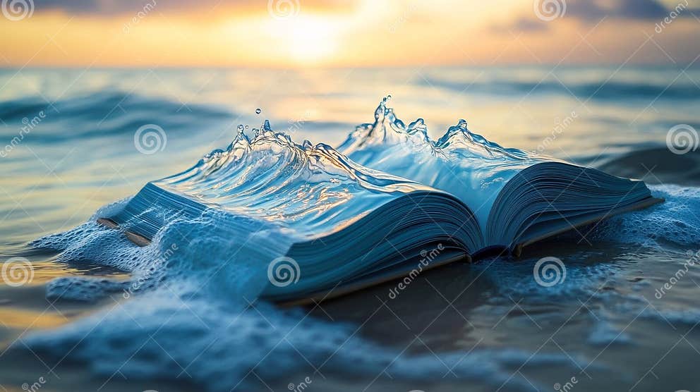 Open Book with Ocean Waves on a Beach at Sunset, Creative Imagination ...