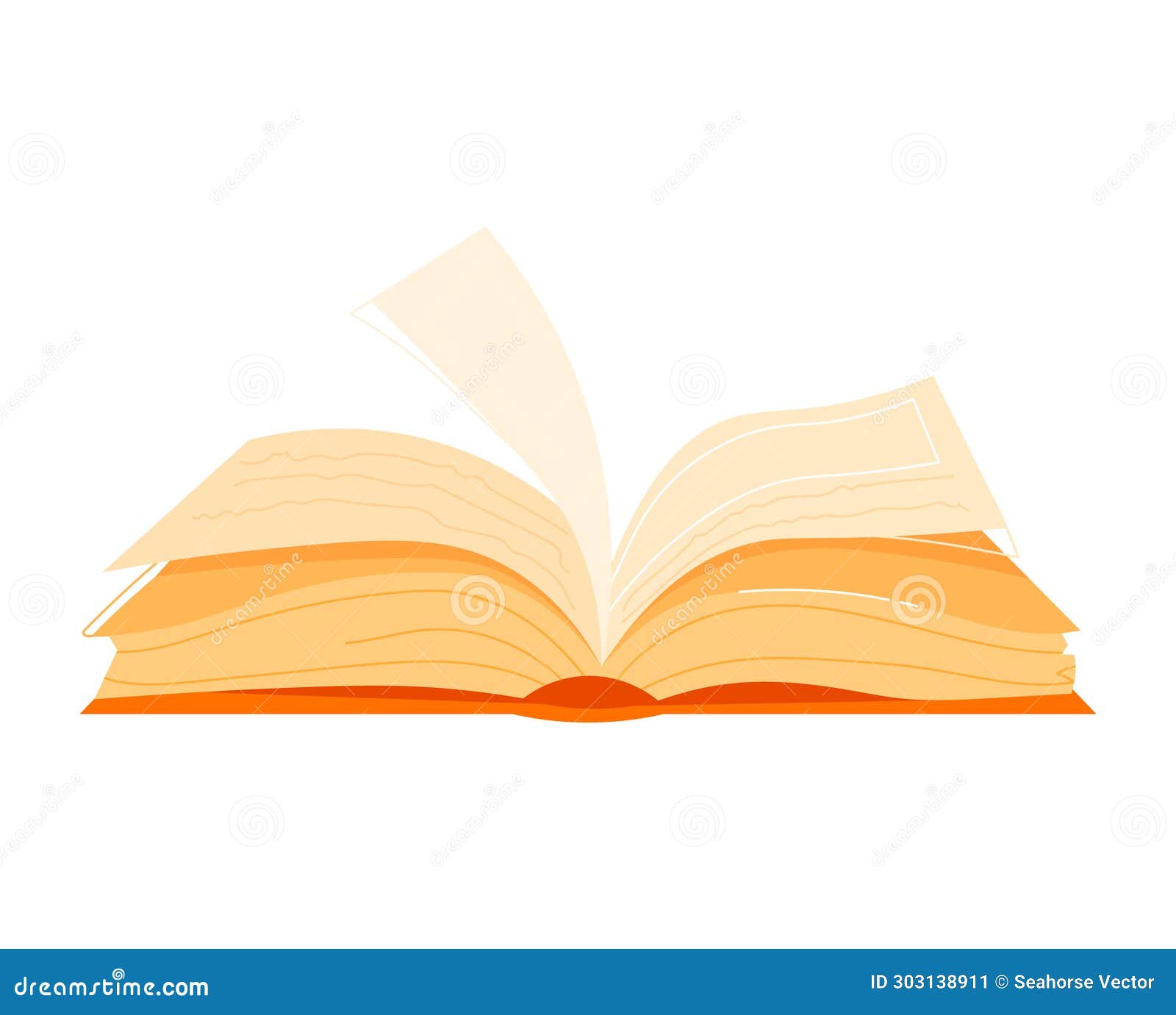 Open Book with Pages Fluttering. Orange Cover and White Pages with Text ...