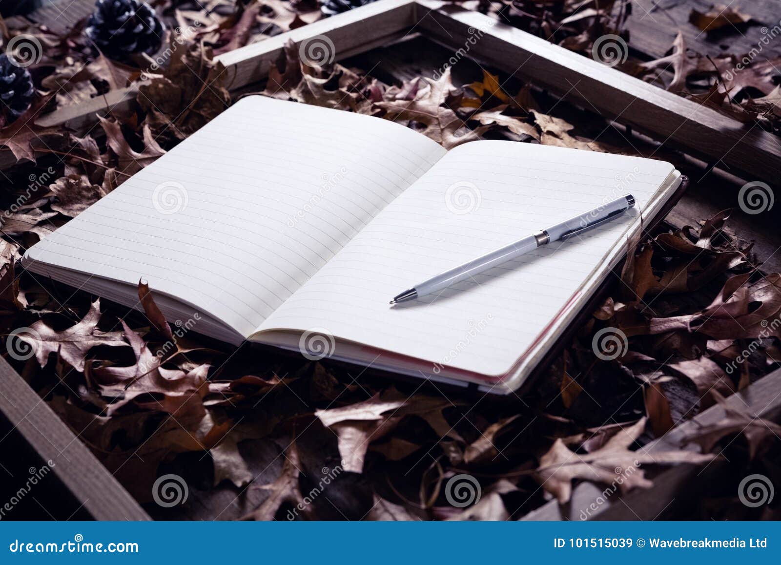 Open Book, Pen and Frame on Table Stock Image - Image of frame, plank ...