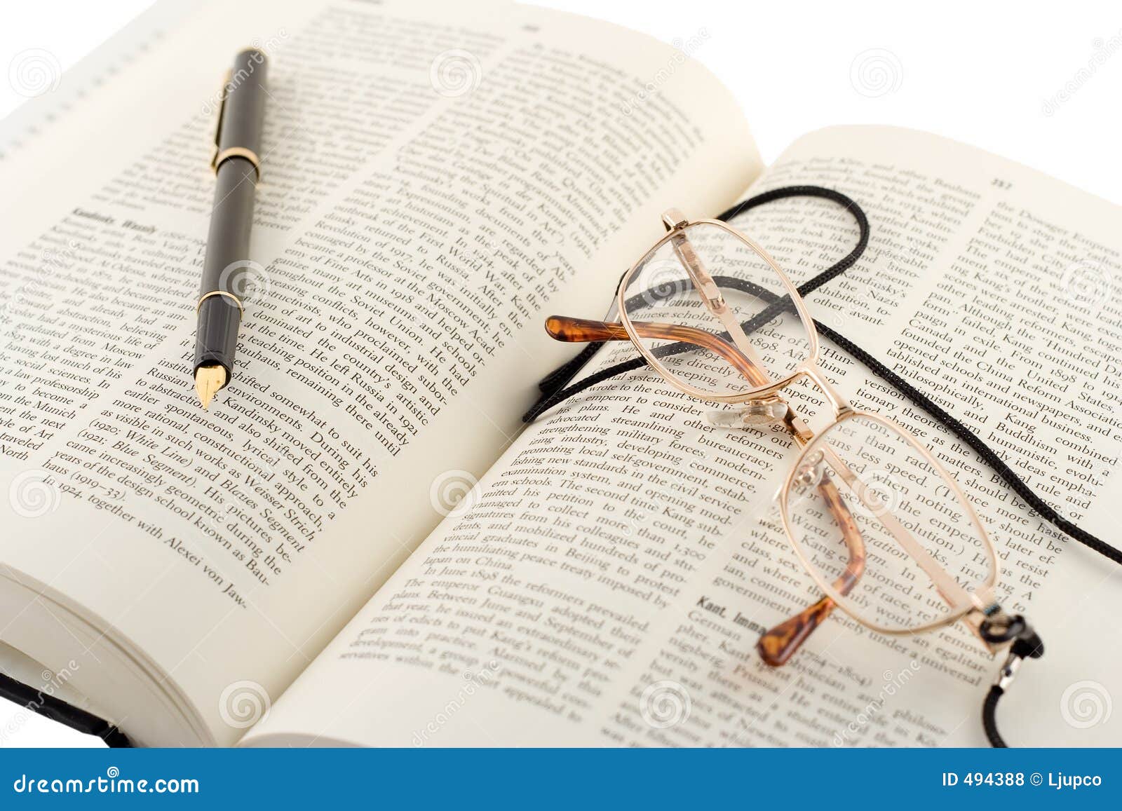 Open book, pen and glasses stock photo. Image of bound - 494388