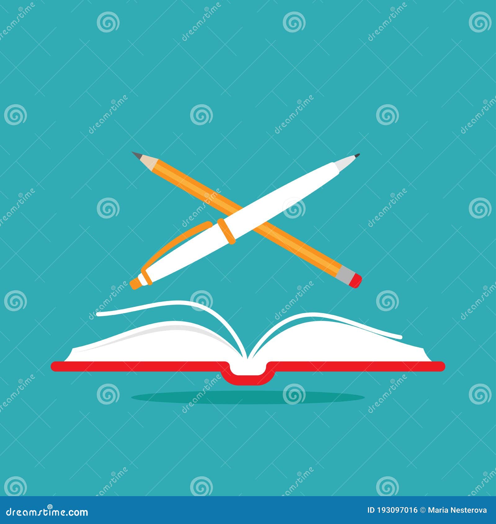 Open Book with Pen and Pencil. Isolated on Blue Background Stock ...