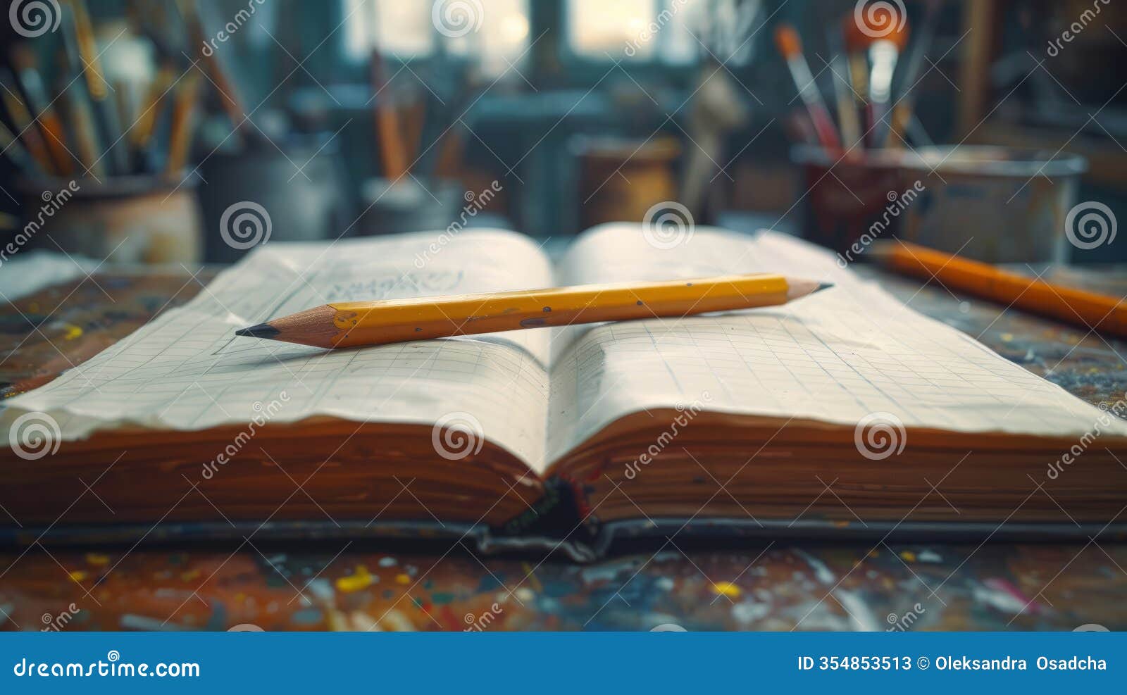 Open Book with Pencil on Table. Stock Image - Image of vintage ...