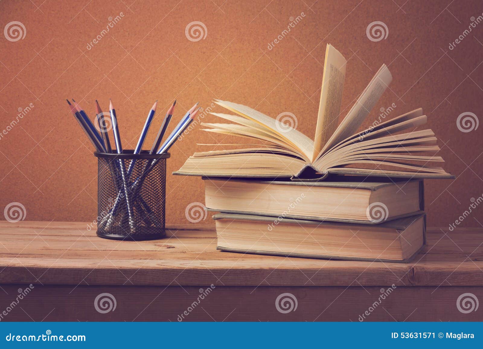 Open Book Pencils Wooden Deck Table Stock Photos - Free & Royalty-Free ...