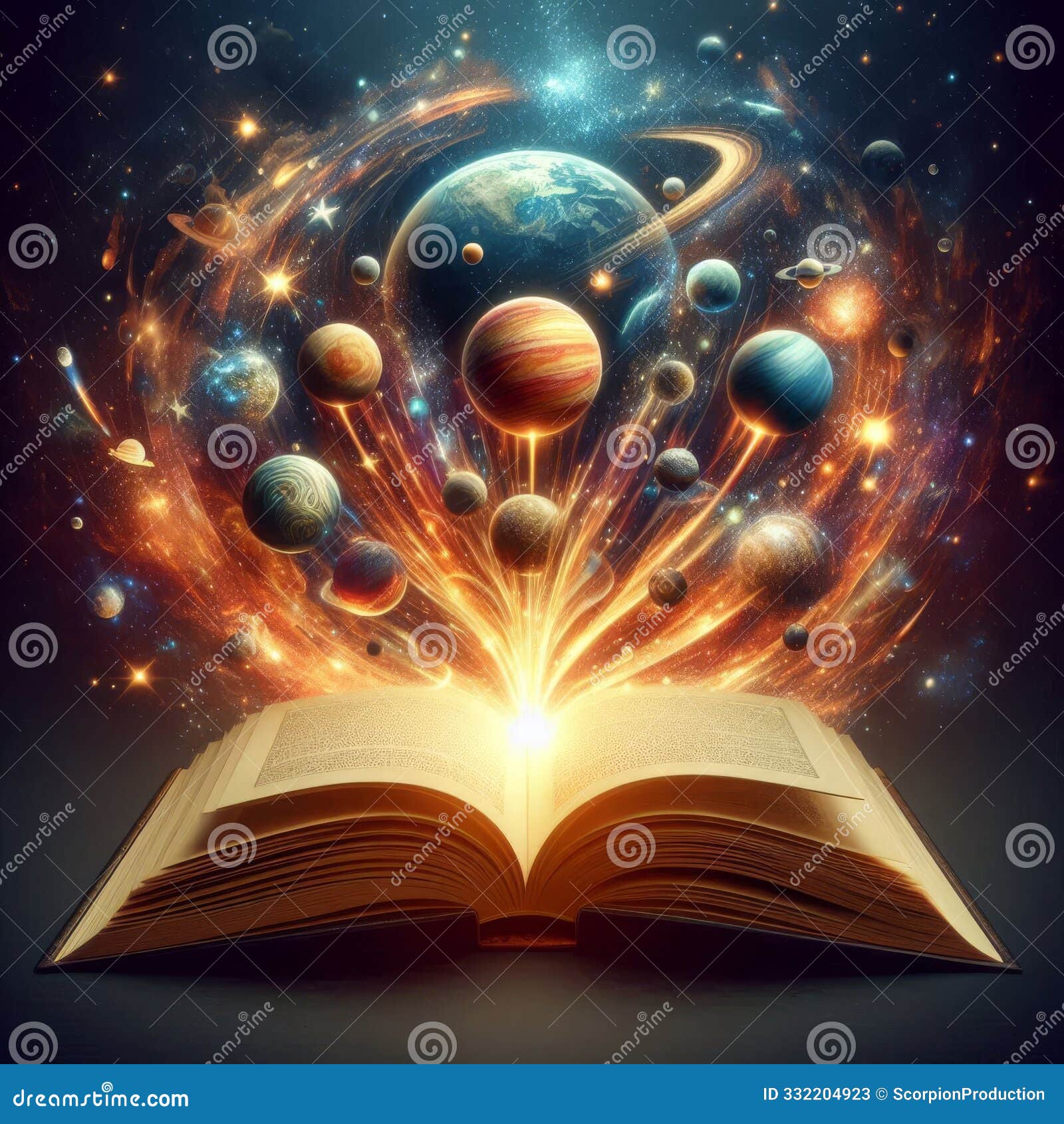 Open Book with Planets and Galaxies Emerging in Space Stock Image ...