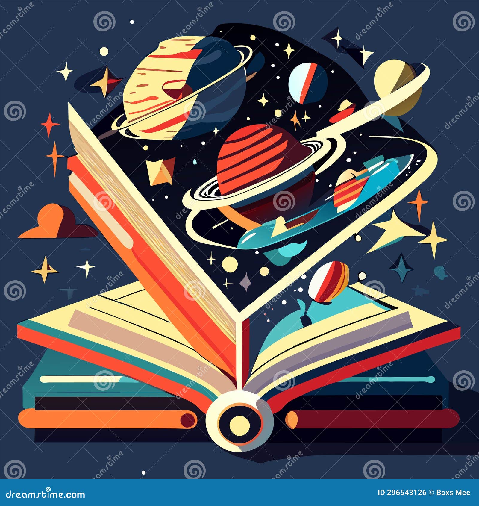 Open Book with Planets and Stars. Vector Illustration in Flat Style ...
