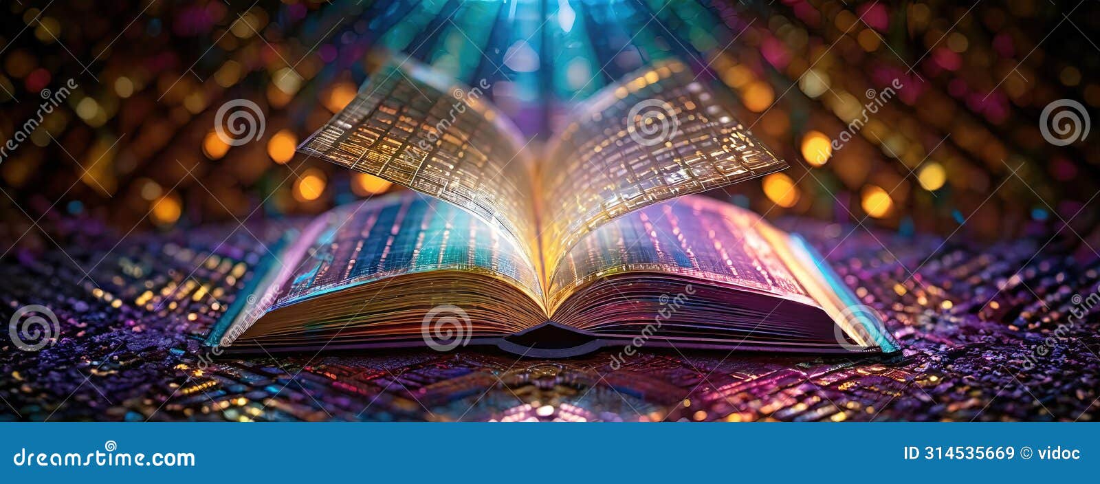 An Open Book Radiating Magical Colorful Lights on a Dark Background ...