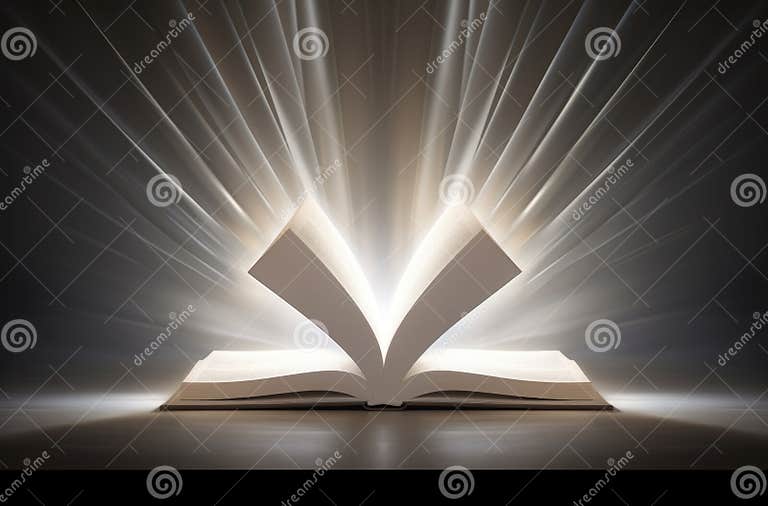 Open Book with Rays of Light Coming Out of Pages on a Dark Background ...