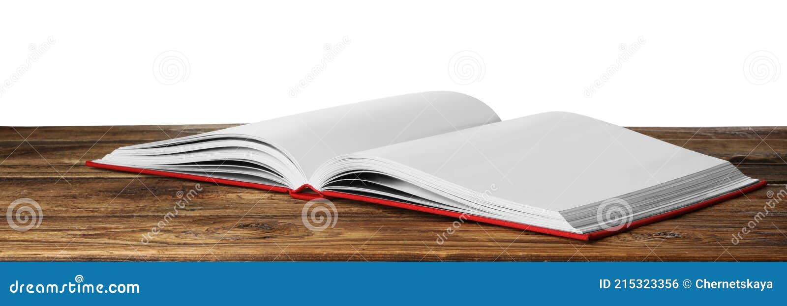 Open Book with Red Cover on Wooden Table Against White Background Stock ...