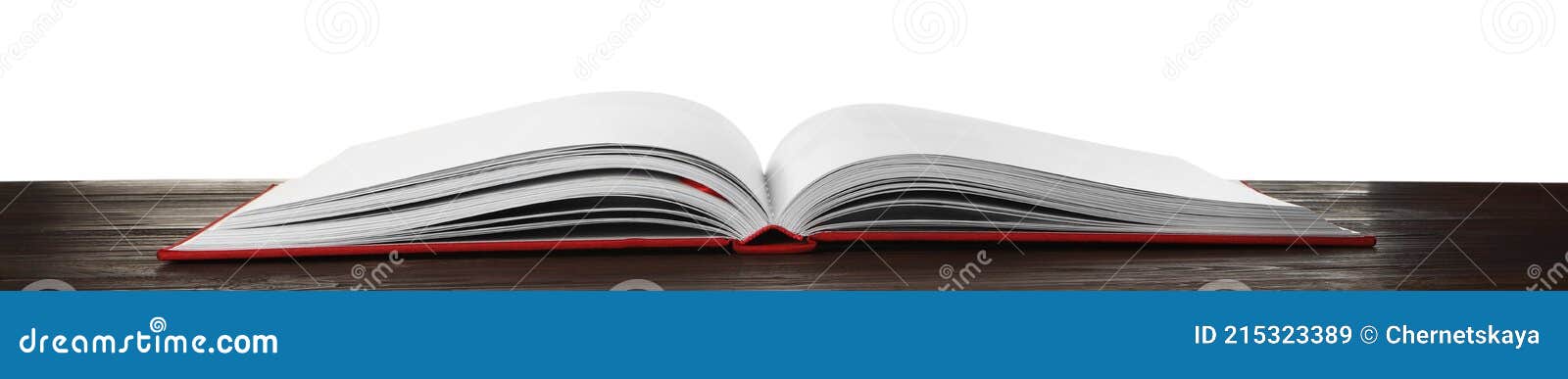 Open Book with Red Cover on Wooden Table Against White Background Stock ...
