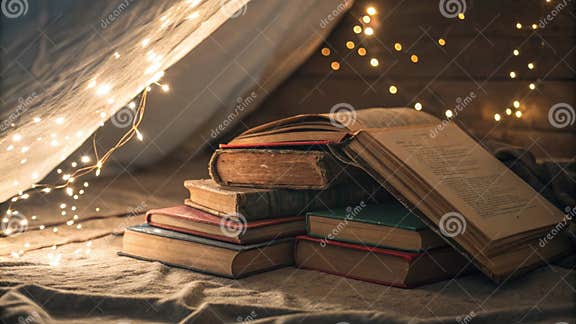 Open Book Resting on Stack of Old Books Underneath Warm String Lights ...