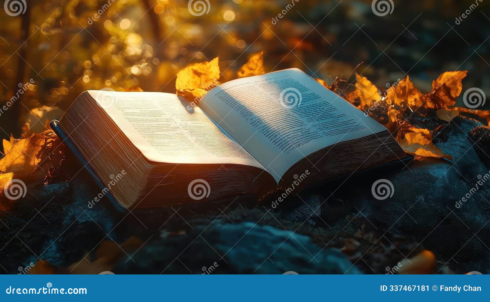 Open Book on a Rock with Autumn Leaves in the Sunlight Stock ...