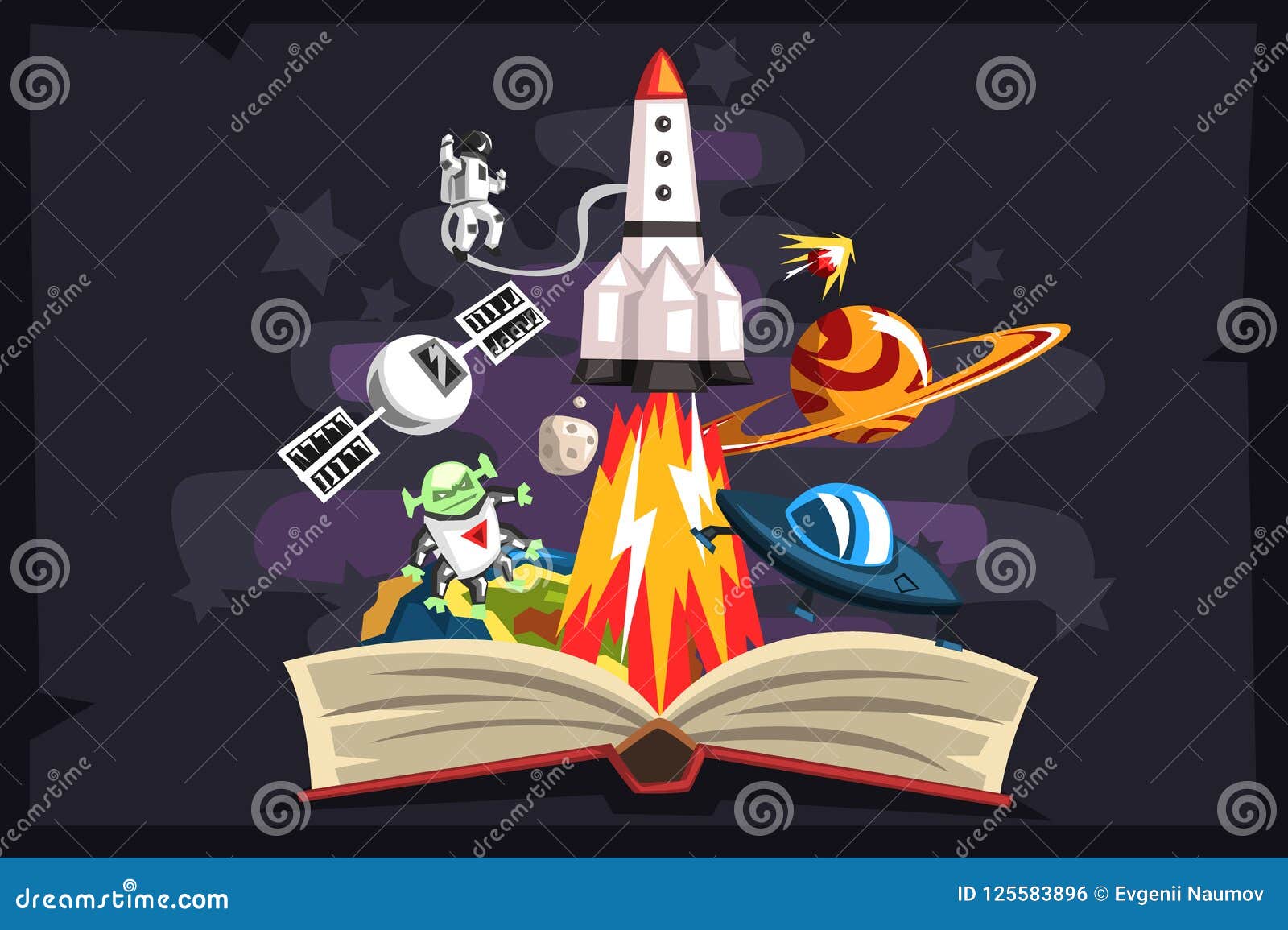 Open Book with Rocket, Astronaut, Planets, Stars, UFO Space Ship and ...