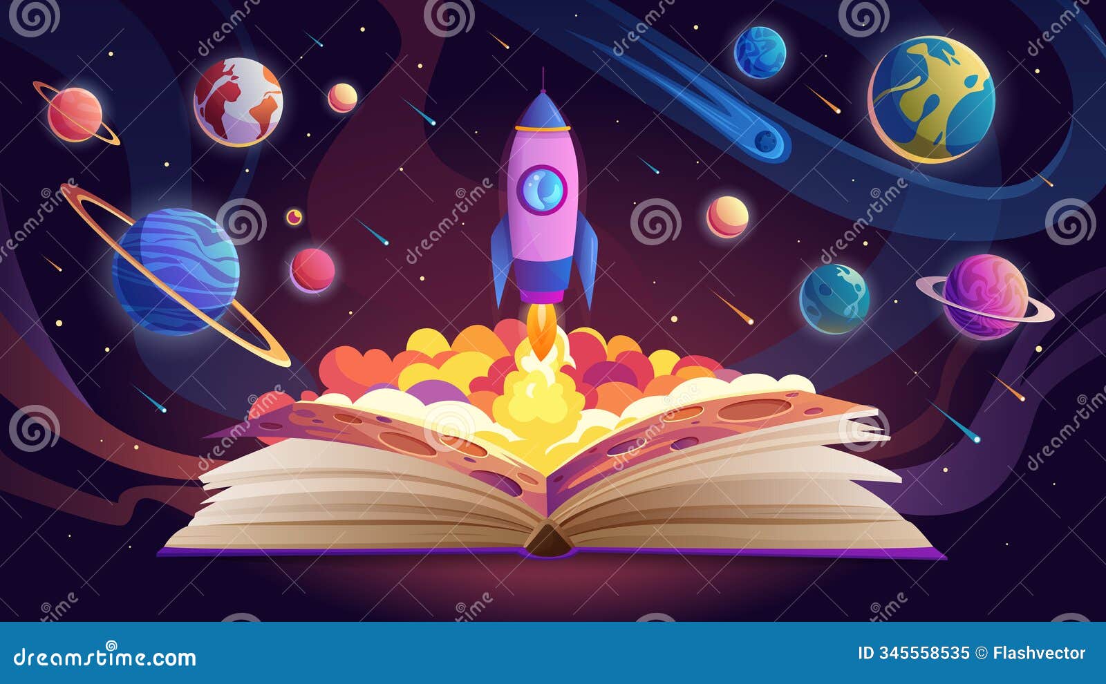 Open Book with Rocket Launch and Solar System Planets, Flying Comet in ...