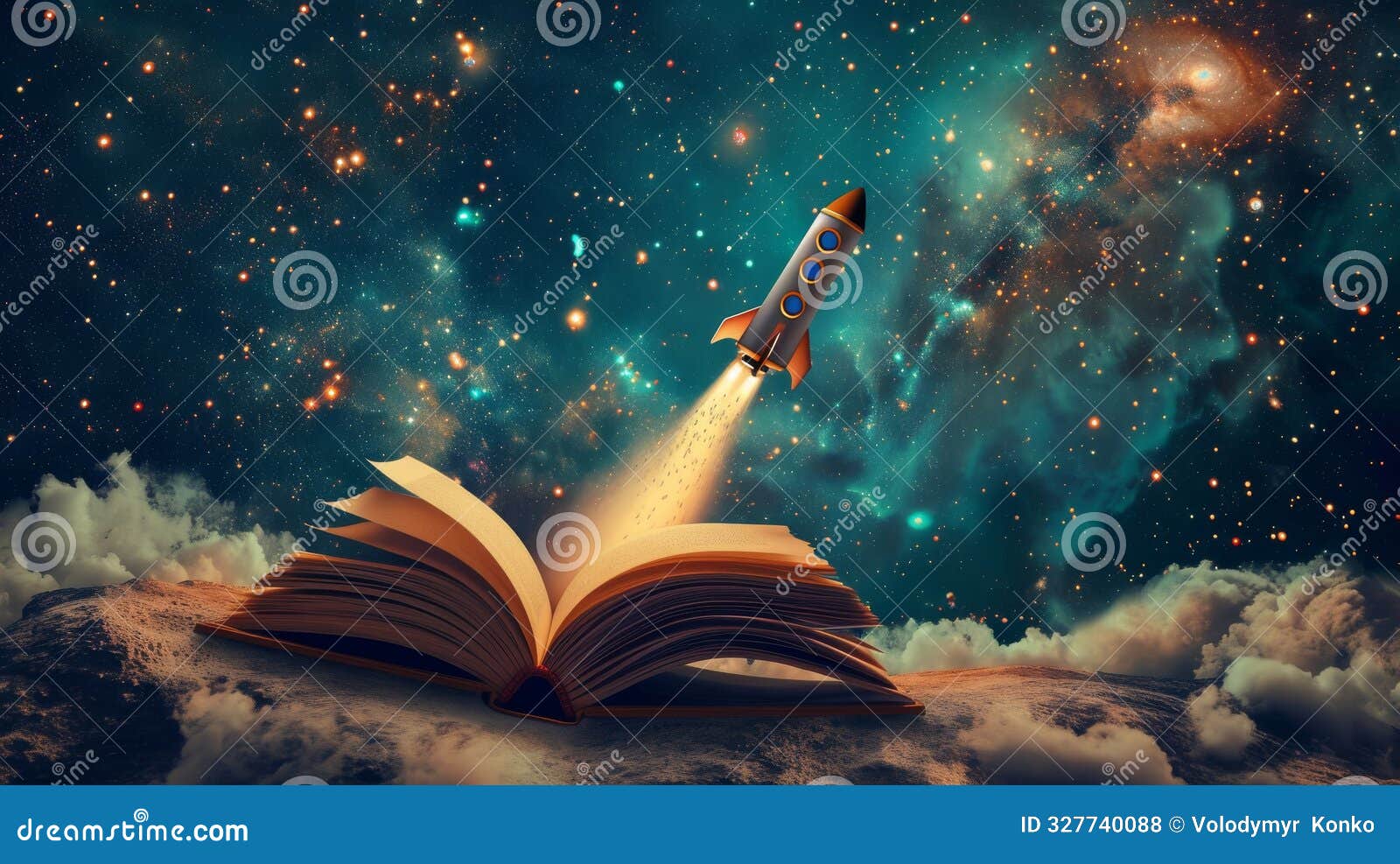Open Book with Rocket Launching into Space Filled with Stars and ...