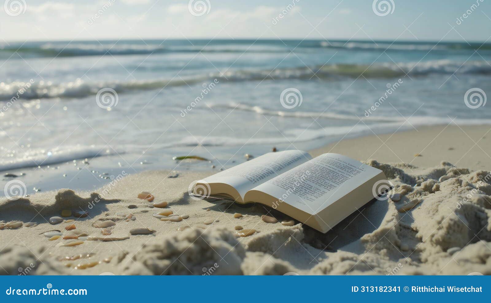 Open Book on Sandy Beach with Ocean Waves in the Background, Serene ...